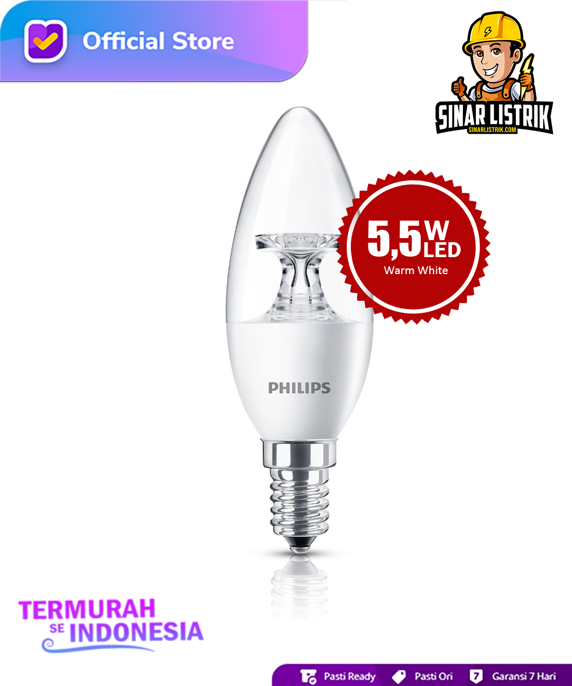 Lampu Philips Candle / Lilin Li-LED Warm White 4W E14
