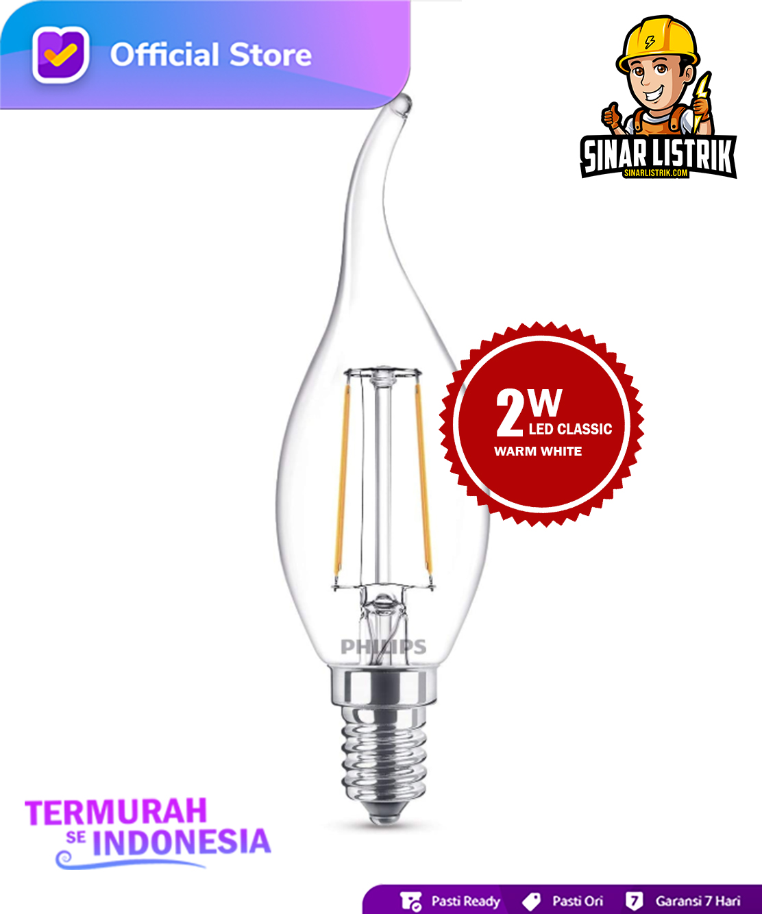 Jual Lampu Philips Candle LED filament 2W E14 WW BA35