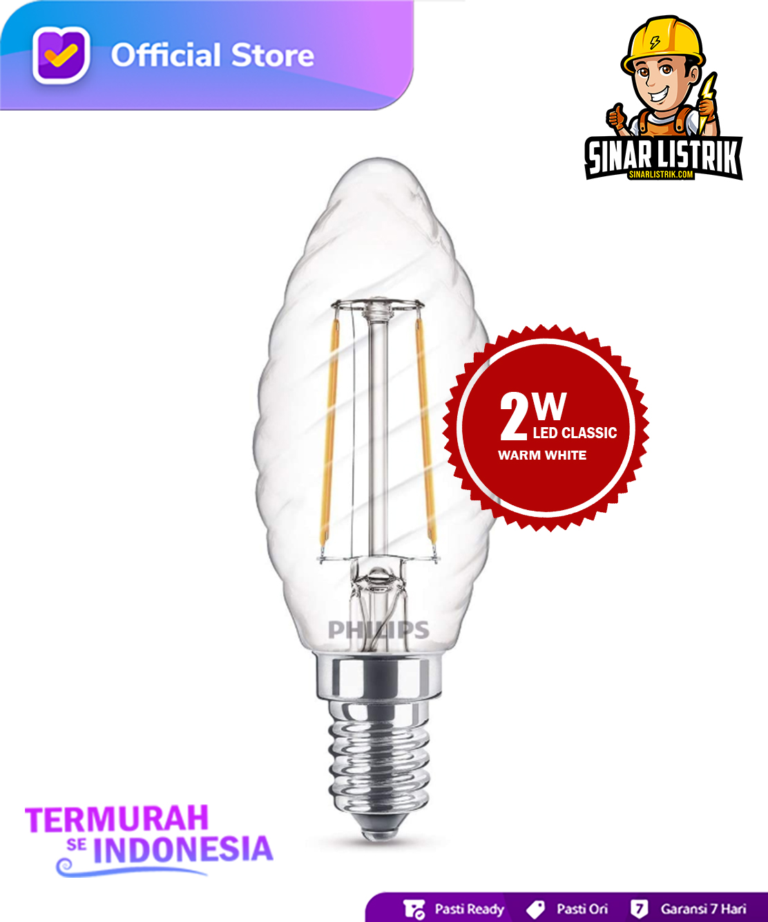 Jual Lampu Philips Candle LED Classic filament 2W E14 WW