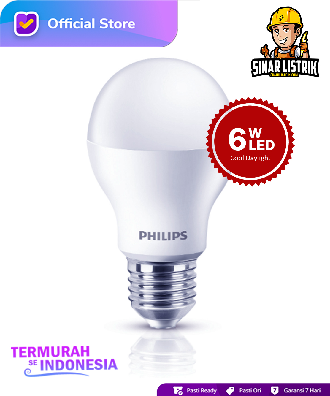 Lampu Philips LED 6W Cool Daylight Non-dimmable Bulb Termurah