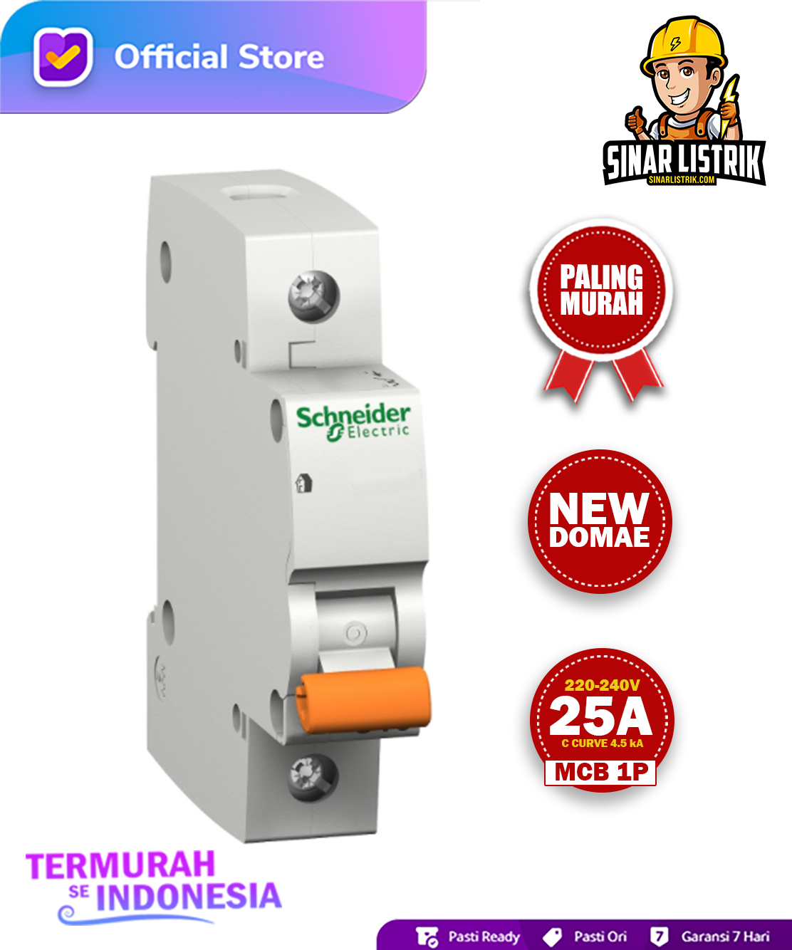 Jual MCB Schneider 1P 25A Domae 220/240 V C curve 4.5 kA Termurah