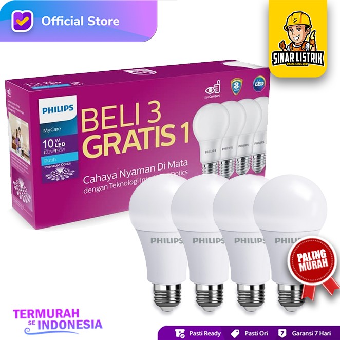 Philips LED 10 W Watt Lampu Multipack Putih Fillip Promo 3 Gratis 1