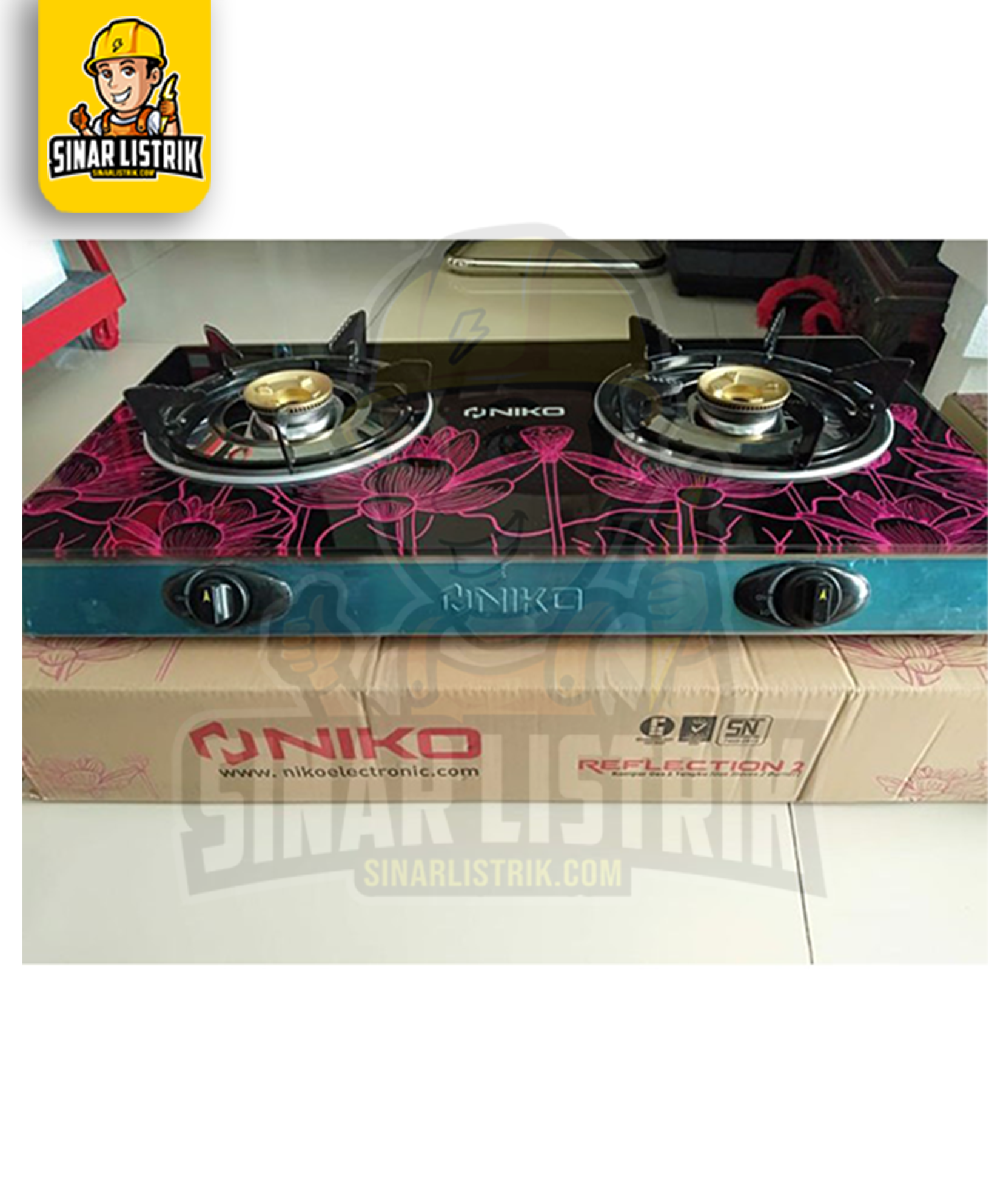 Kompor Kaca Niko Reflektor 2 Bodi Tipis Motif Bunga